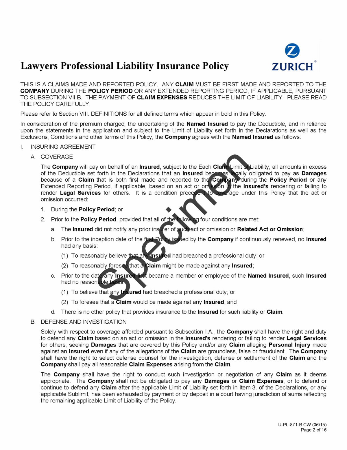 Zurich Insurance Attorney Malpractice Policy – Disciplinary Coverage ...